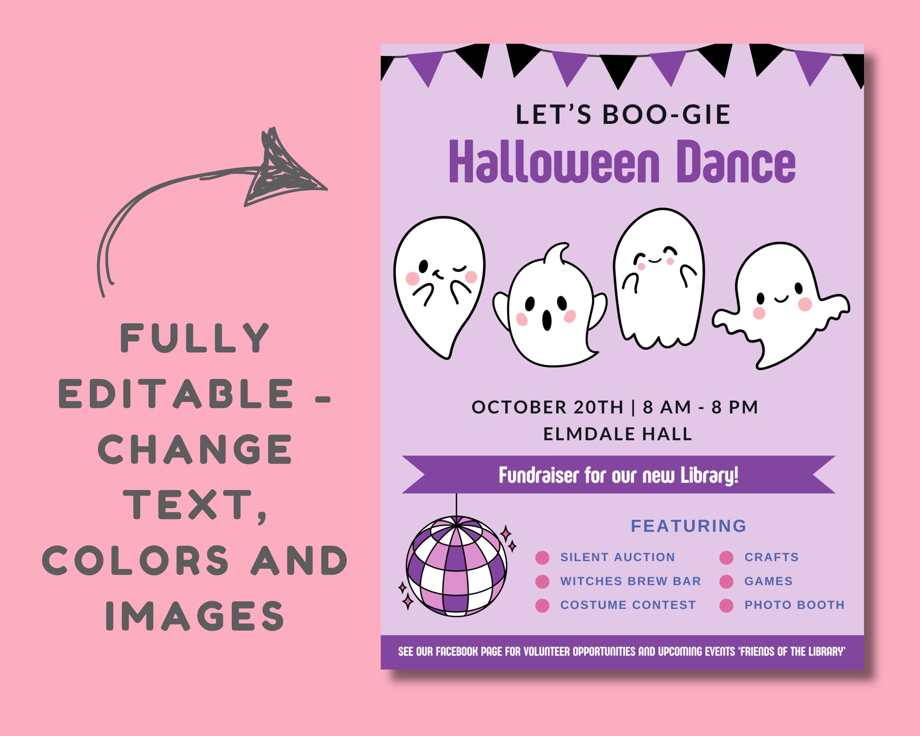 Editable Halloween Dance Flyer Template for Canva, Cute Ghost Halloween ...