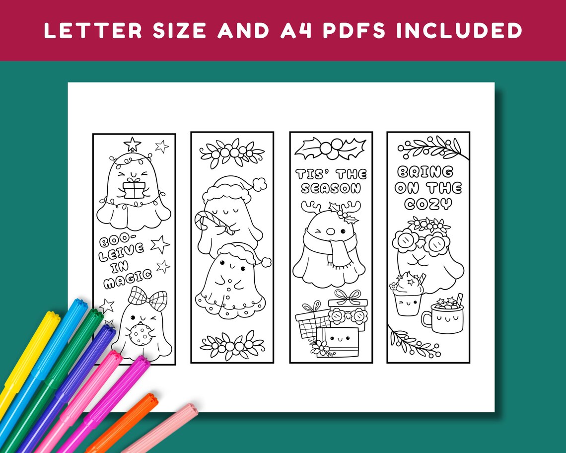 Cute Christmas Ghosts Coloring Bookmarks, Kawaii Coloring, Instant ...