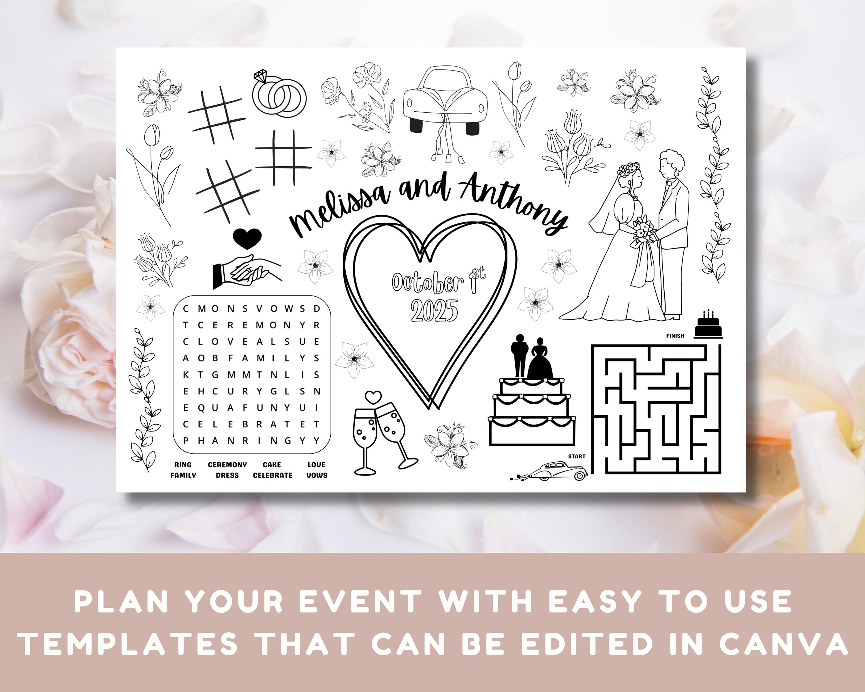 Editable Wedding Coloring Placemat Template for Canva Personalized ...