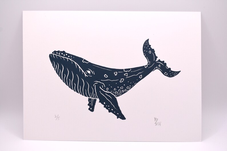 Handmade Linocut Print Hand Carved Ocean Humpback Whale 'dancing Whale ...