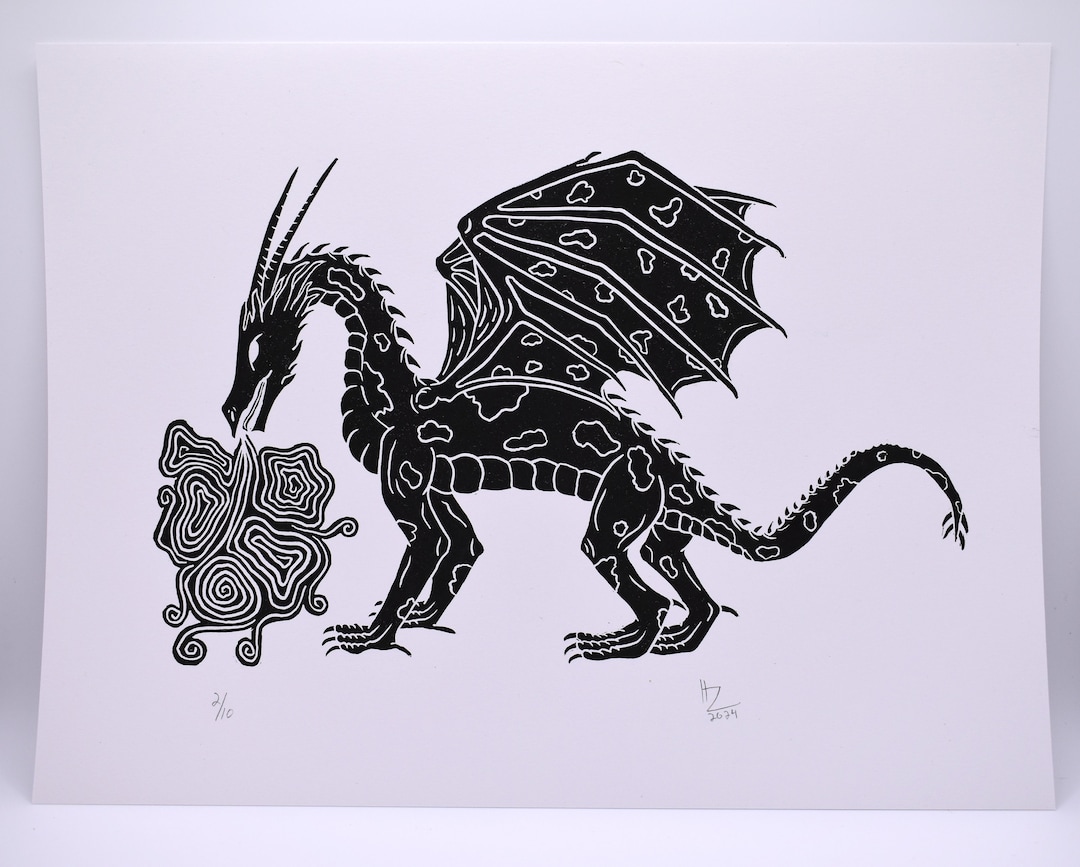 Handmade Linocut Print Hand Carved Fire Breathing Dragon 'fire' - Etsy