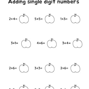 20 Single Digit Addition Worksheets: Kindergarten Math (PDF) - Etsy