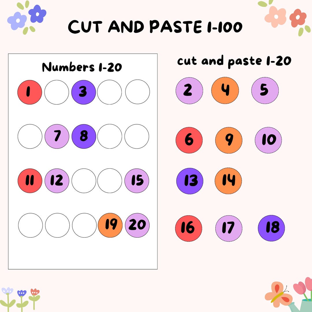Missing Number 1–100 Worksheets, Cut and Paste Math Activities, Number ...