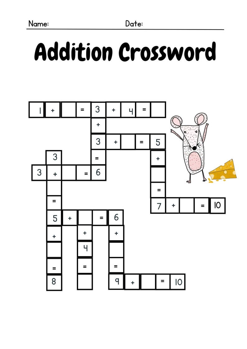 Addition Crossword Printable: Math Worksheet (printable) - Etsy