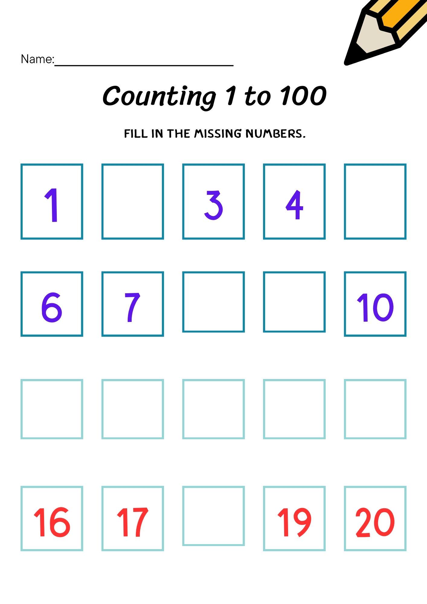 Missing Numbers 1-100 Worksheets Printable, Kindergarten Math ...