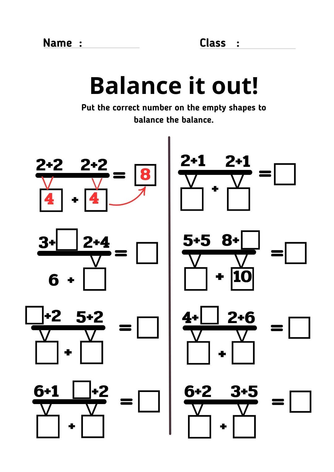 Balancing Equations Addition & Subtraction Fact Practice Within 10 1st ...