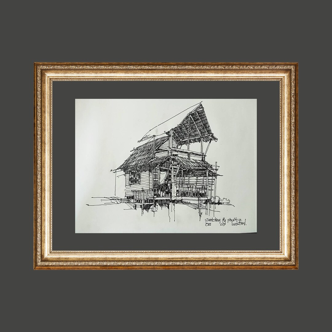 Sketch House Hand Drawn Ink Line Drawings With Buildings Architectural ...