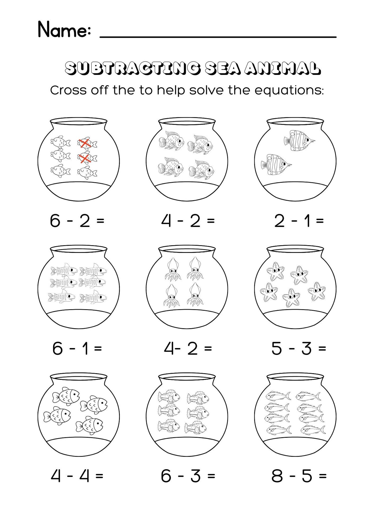 20printable Kindergarten Addition and Subtraction Sea Animal Worksheets ...
