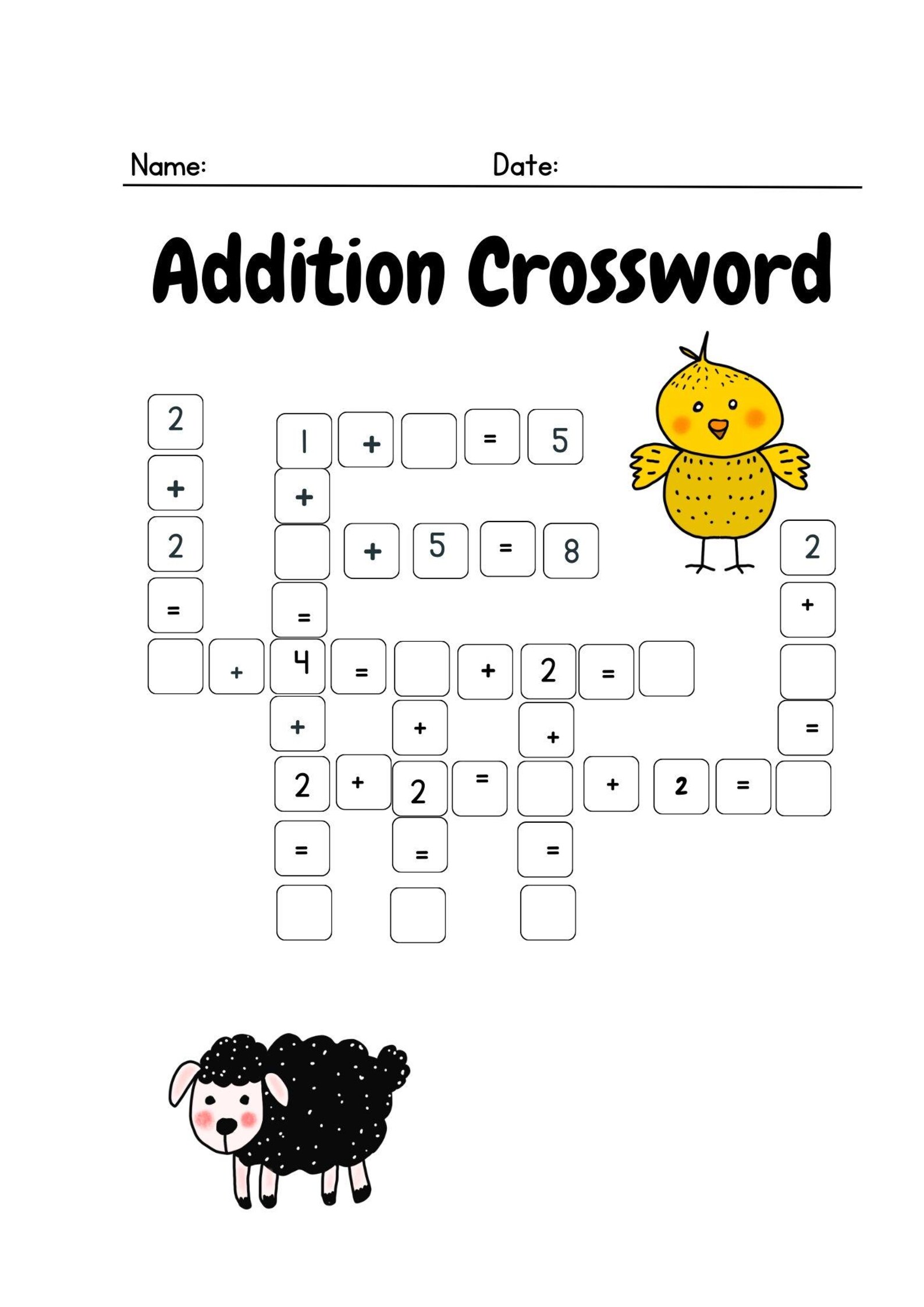 Addition Crossword Printable: Math Worksheet (printable) - Etsy