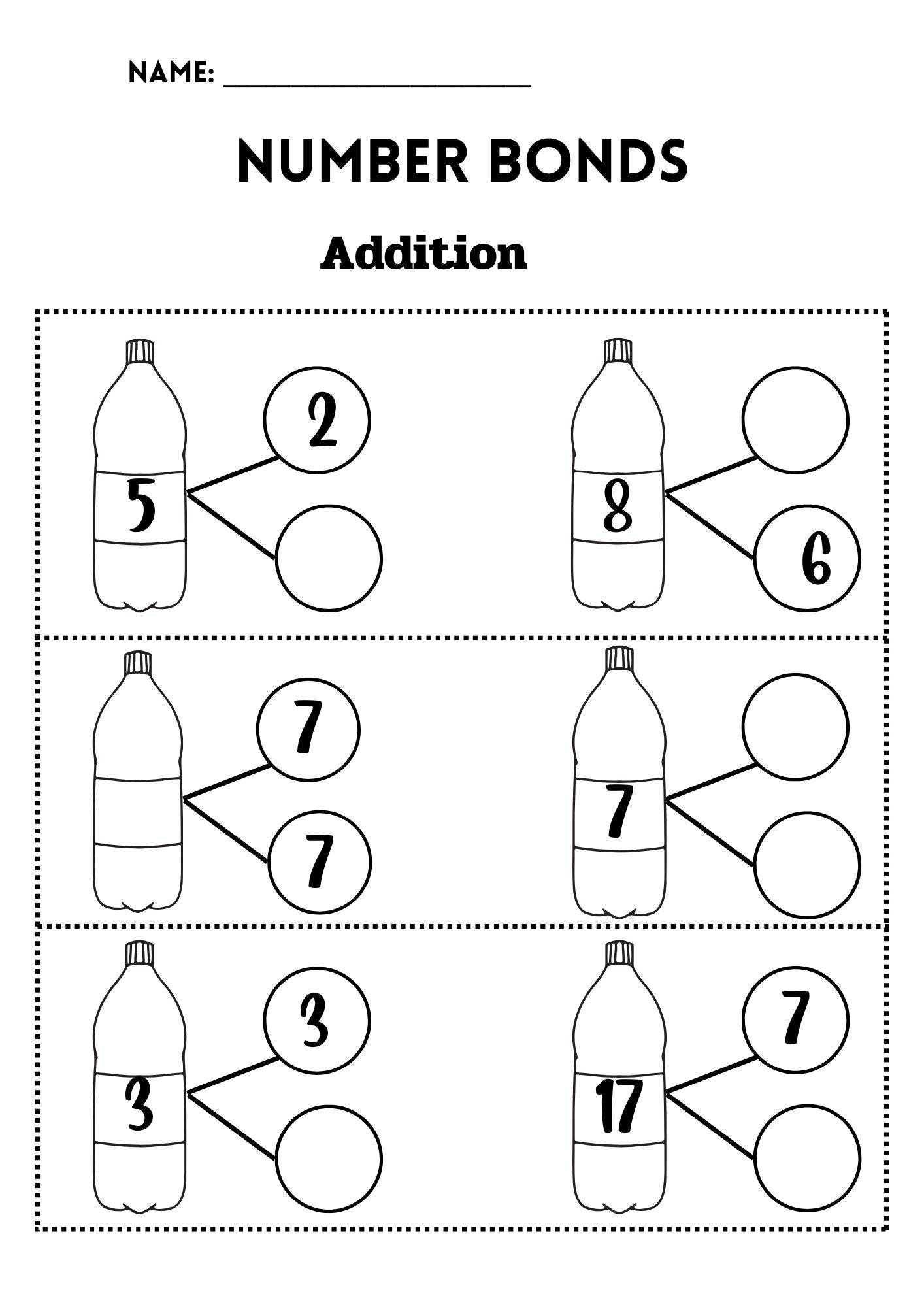 Printable Number Bonds Math Worksheets, Numbers 1 to 20, Kindergarten ...