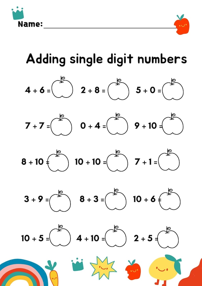 20 Single Digit Addition Worksheets: Kindergarten Math (PDF) - Etsy