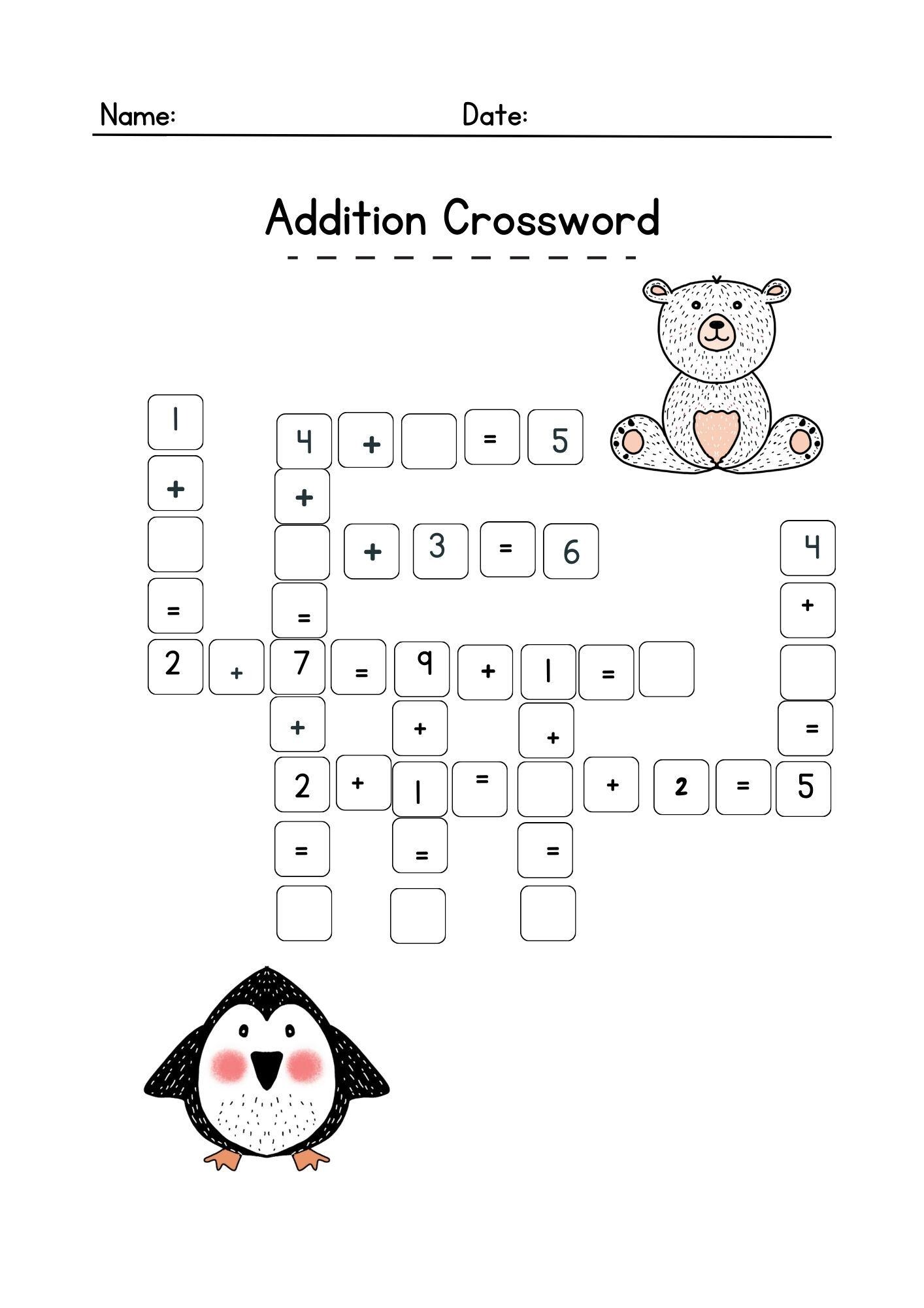 Addition Crossword Printable: Math Worksheet (printable) - Etsy