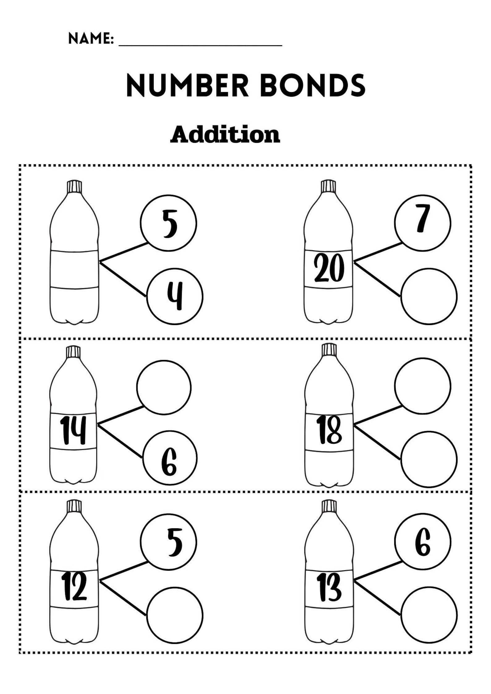Printable Number Bonds Math Worksheets, Numbers 1 to 20, Kindergarten ...