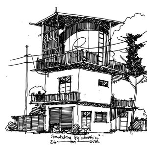 Sketch House Hand Drawn Ink Line Drawings With Buildings Architectural ...