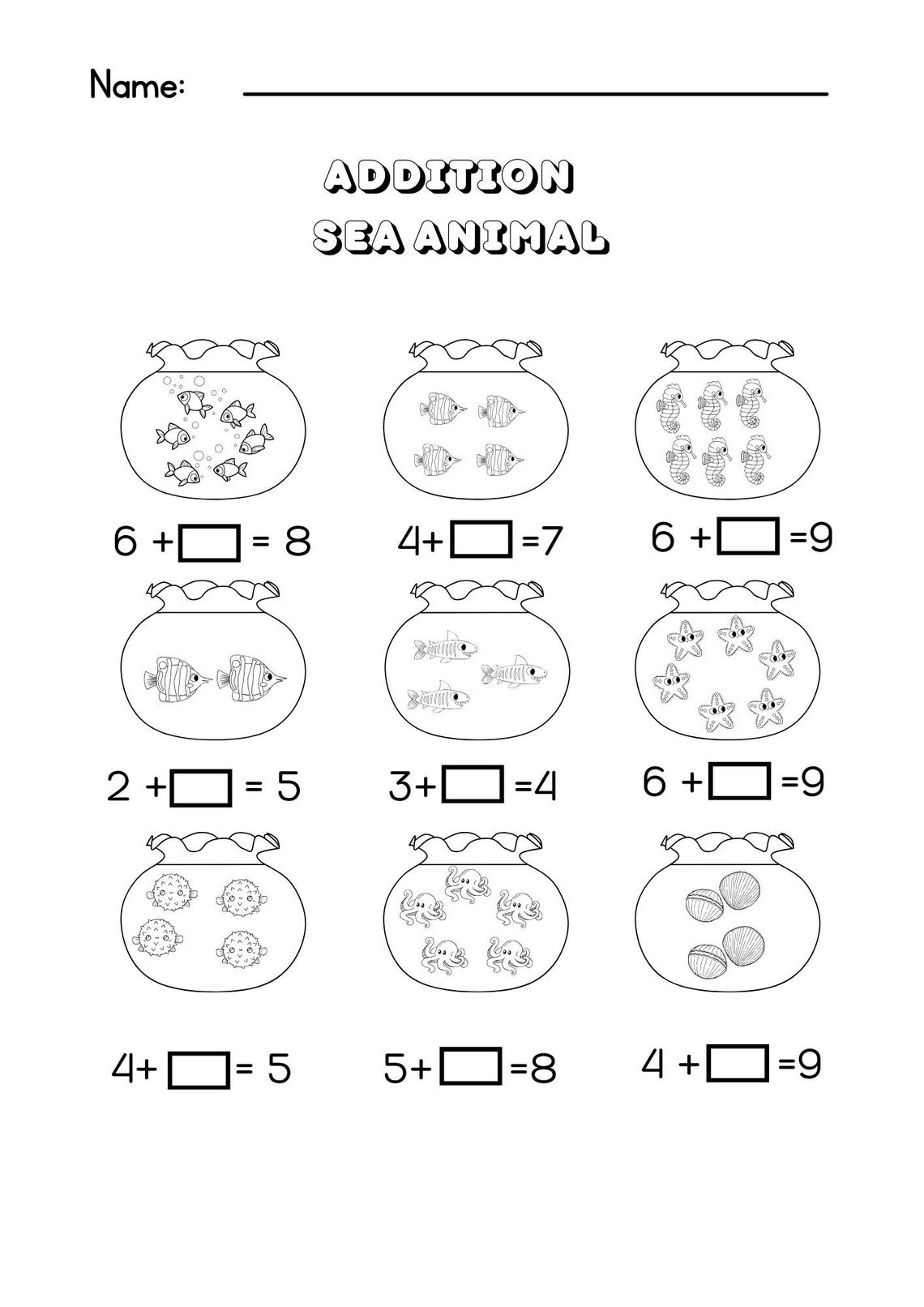 20printable Kindergarten Addition and Subtraction Sea Animal Worksheets ...