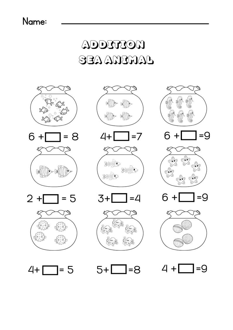 20printable Kindergarten Addition and Subtraction Sea Animal Worksheets ...