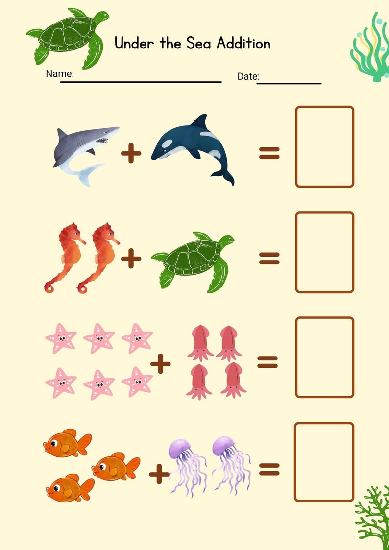 Math Worksheets Single Digit Cute Sea Animals Addition Edition ,animal ...