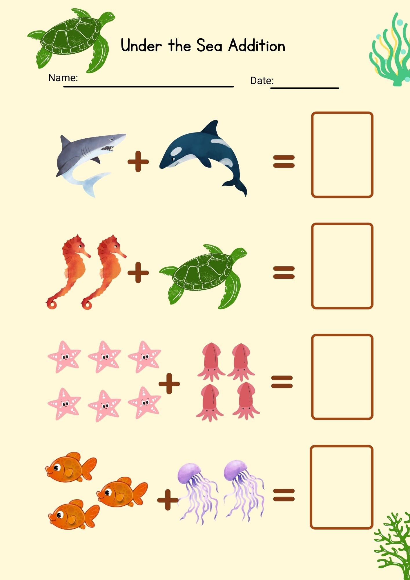 Math Worksheets Single Digit Cute Sea Animals Addition Edition ,animal ...