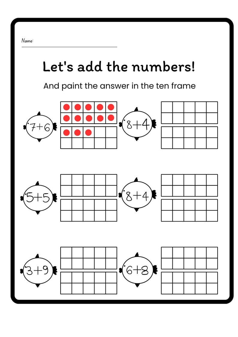 Ten Frame Addition Worksheets: Kindergarten Math (PDF) - Etsy