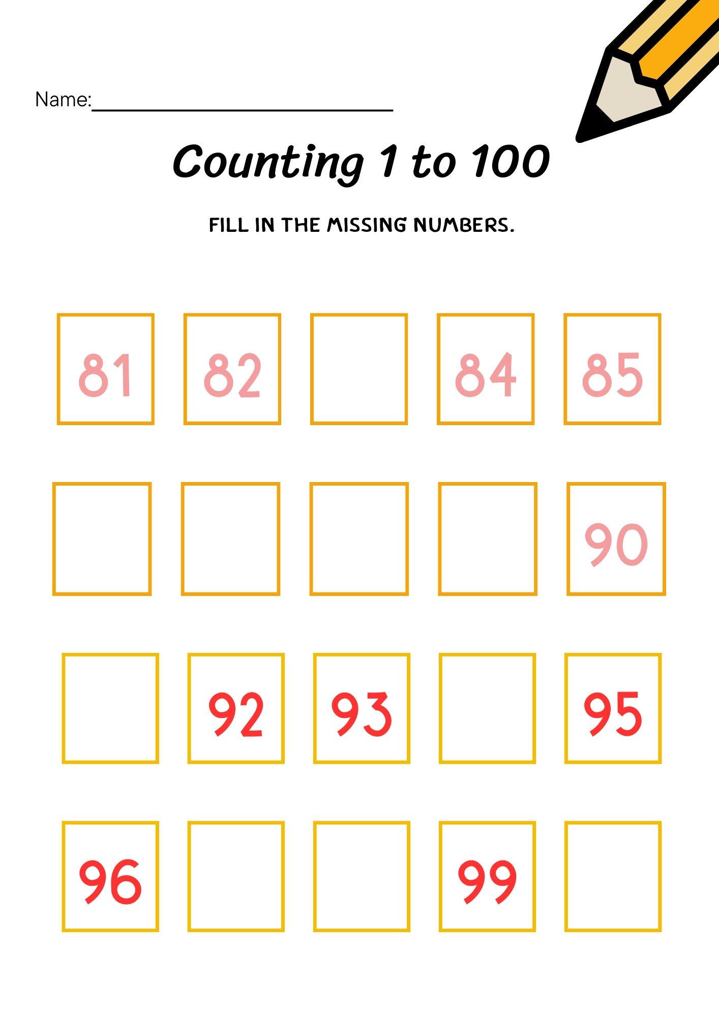 Math Worksheets Counting 1 100 Missing Numbers: Counting Bee
