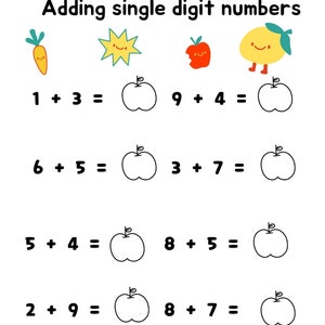 20 Single Digit Addition Worksheets: Kindergarten Math (PDF) - Etsy