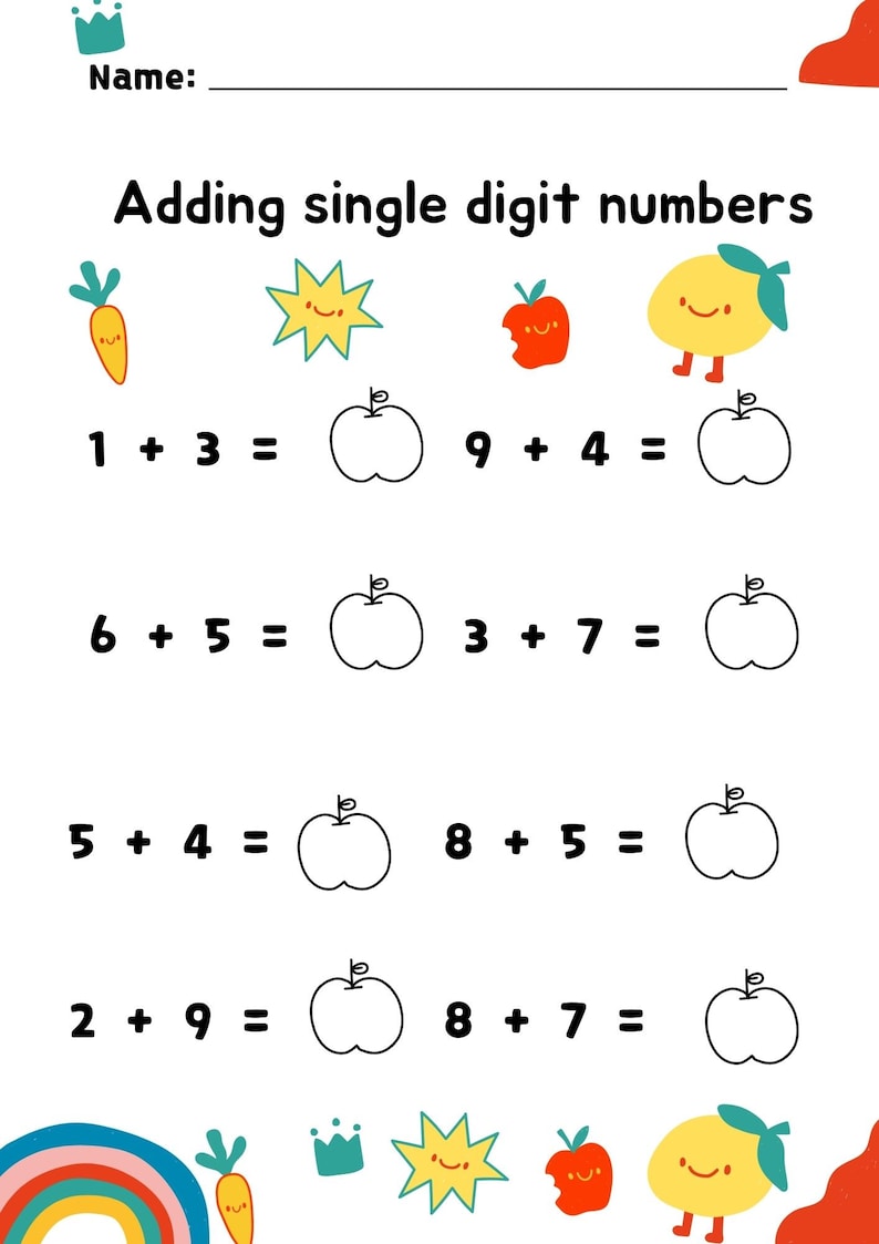 20 Single Digit Addition Worksheets: Kindergarten Math (PDF) - Etsy
