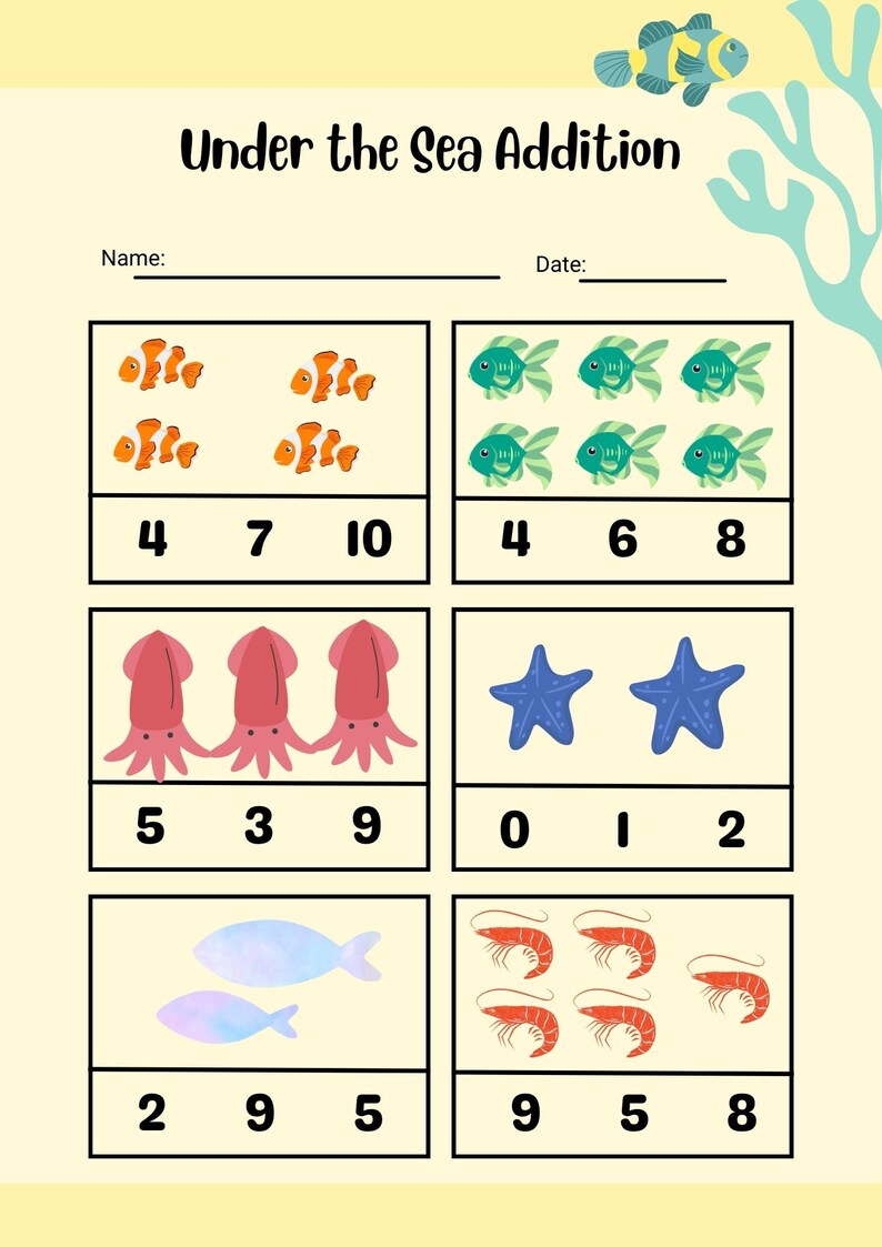 Math Worksheets Single Digit Cute Sea Animals Addition Edition ,animal ...