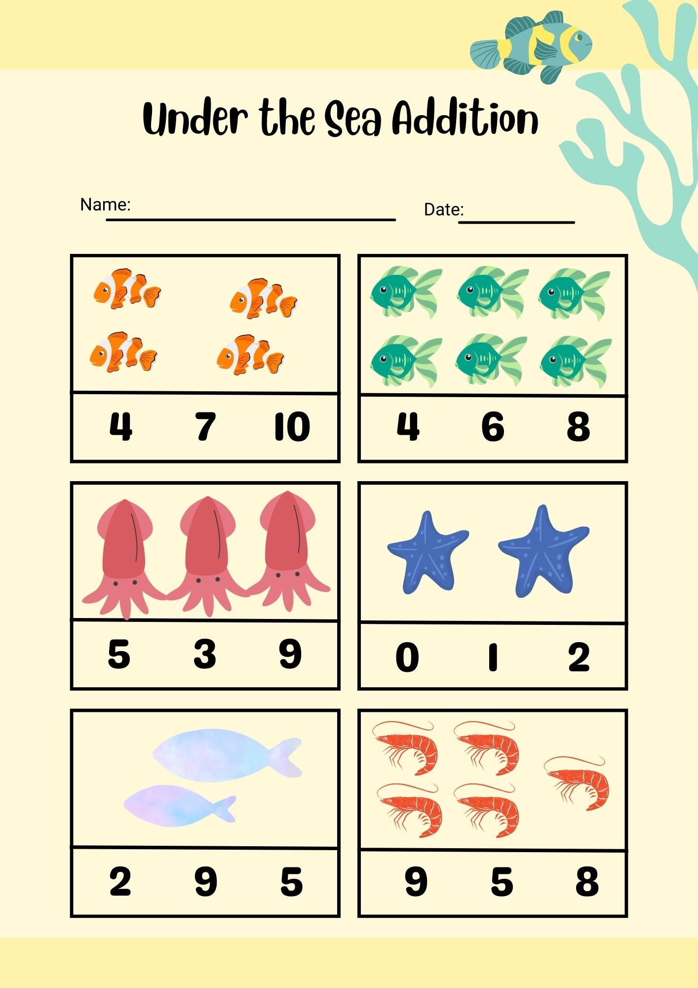 Math Worksheets Single Digit Cute Sea Animals Addition Edition ,animal ...
