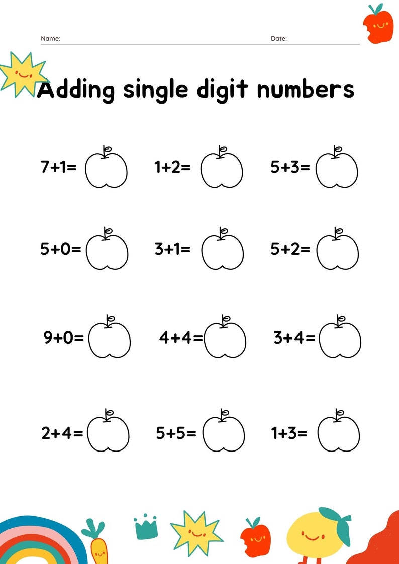 20 Single Digit Addition Worksheets: Kindergarten Math (PDF) - Etsy
