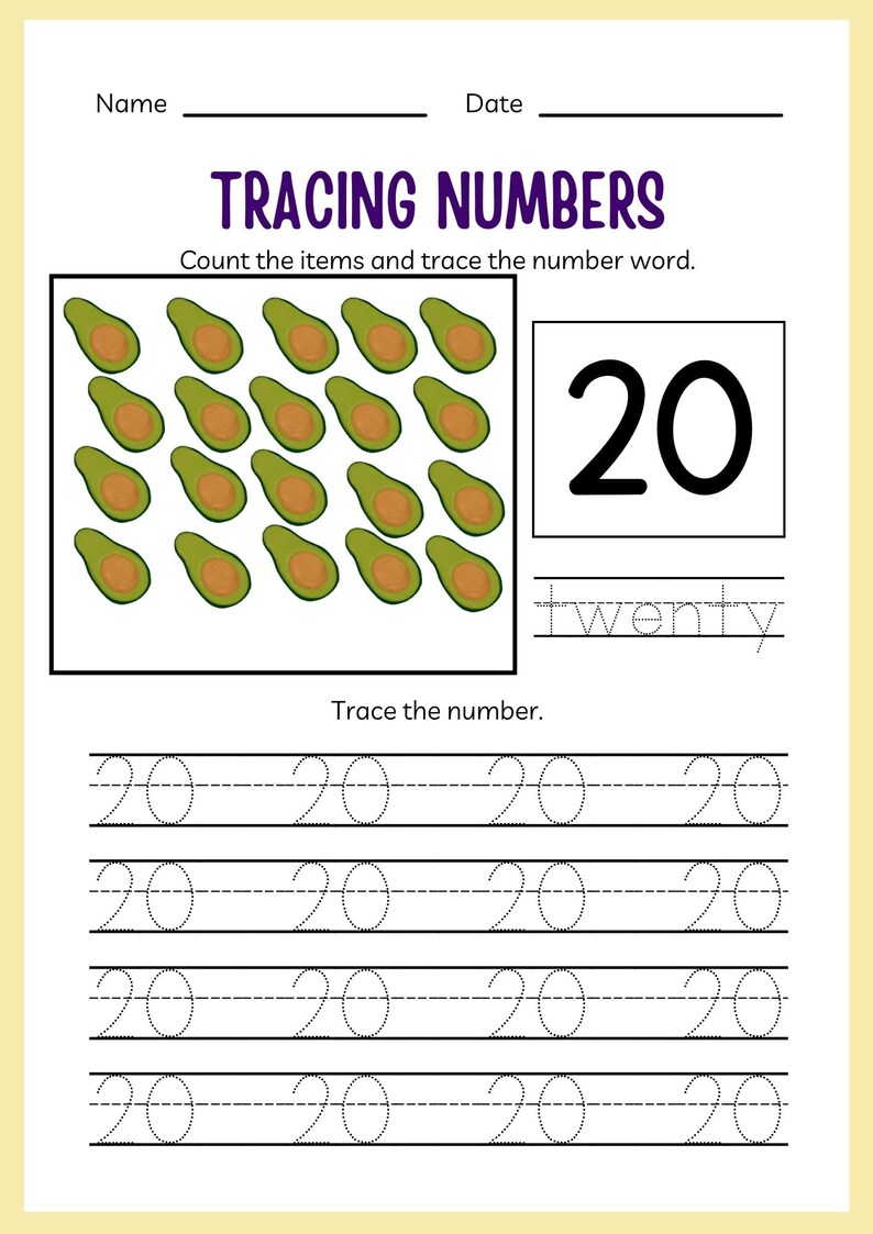 Printable Numbers 1-20 Tracing Worksheets for Preschool Kindergarten ...