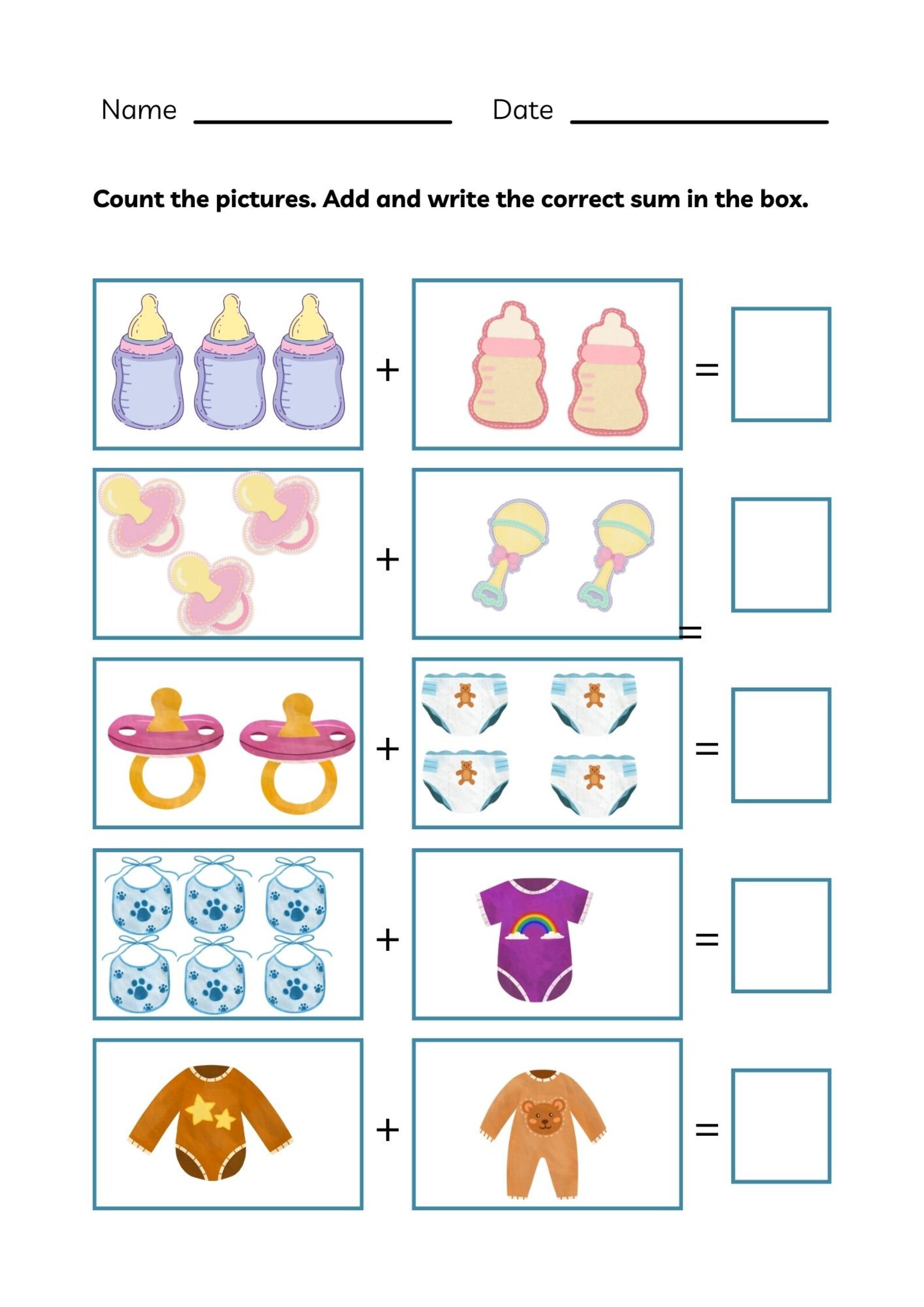 Count the Pictures. Add and Write the Correct Sum in the Box, Worksheet ...
