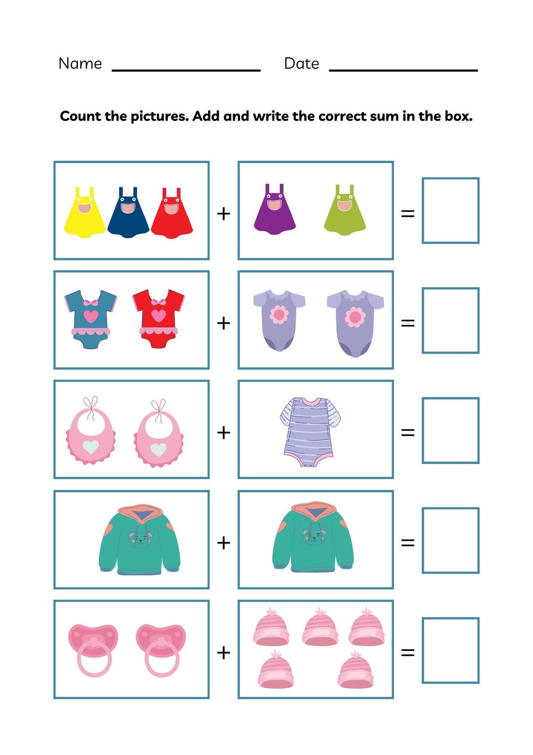 Count the Pictures. Add and Write the Correct Sum in the Box, Worksheet ...