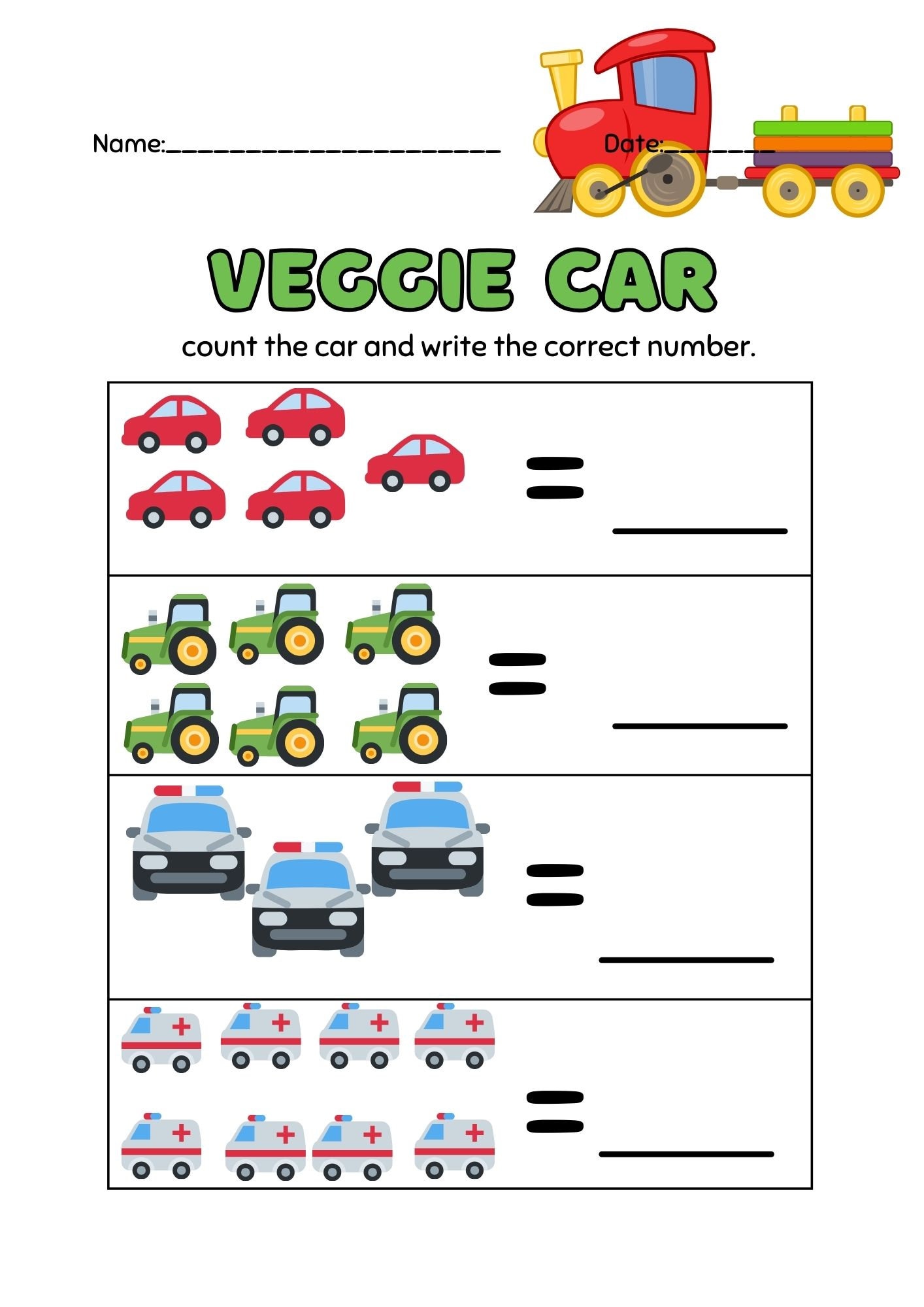 Car Counting Worksheet,preschool Math, Beginning Math, Counting ...
