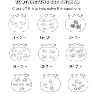 20printable Kindergarten Addition and Subtraction Sea Animal Worksheets ...