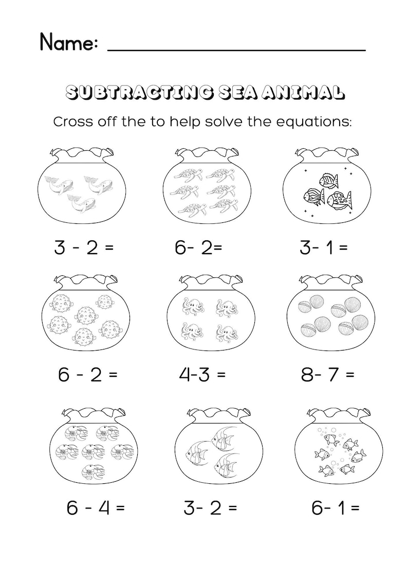 20printable Kindergarten Addition and Subtraction Sea Animal Worksheets ...