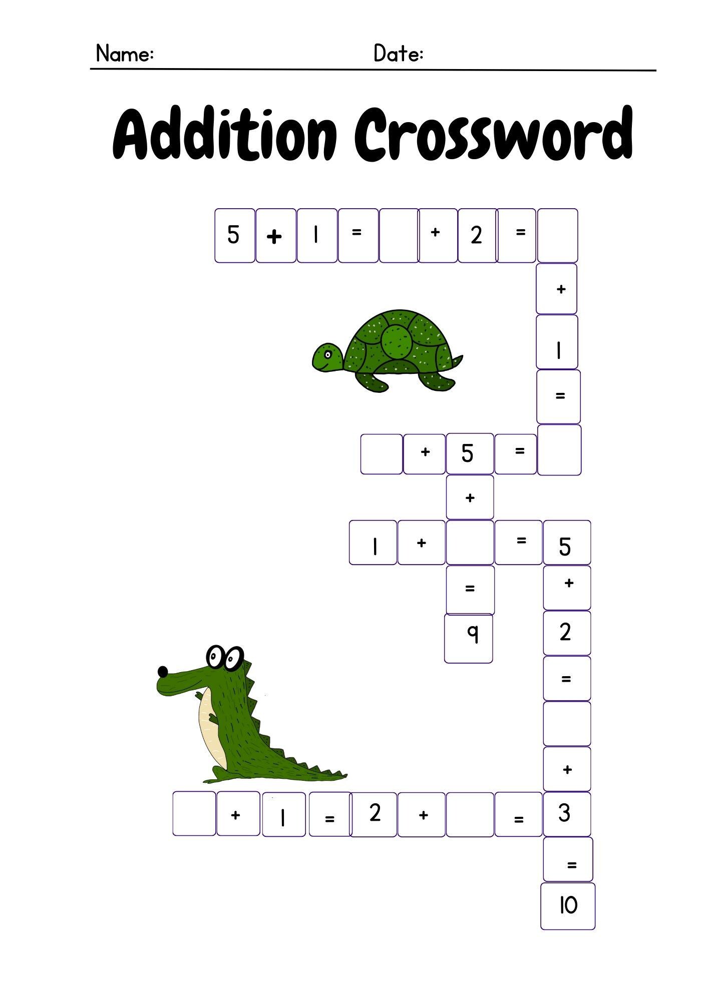 Addition Crossword Printable: Math Worksheet (printable) - Etsy