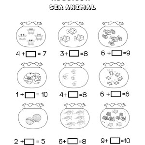 20printable Kindergarten Addition and Subtraction Sea Animal Worksheets ...