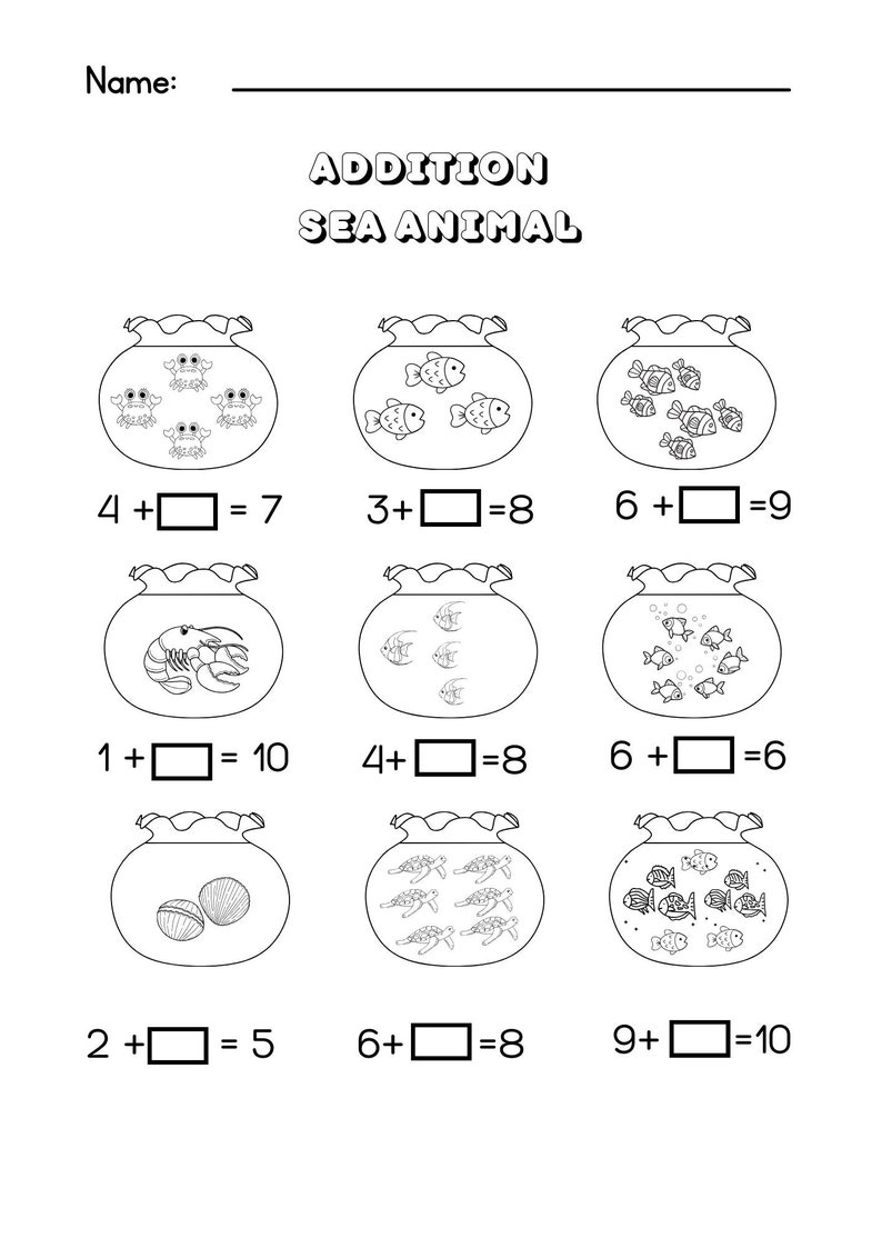 20printable Kindergarten Addition and Subtraction Sea Animal Worksheets ...