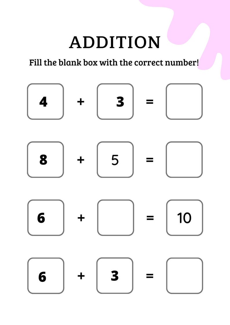 Missing Addends 1-10 Worksheet: Math Practice (digital Download) - Etsy