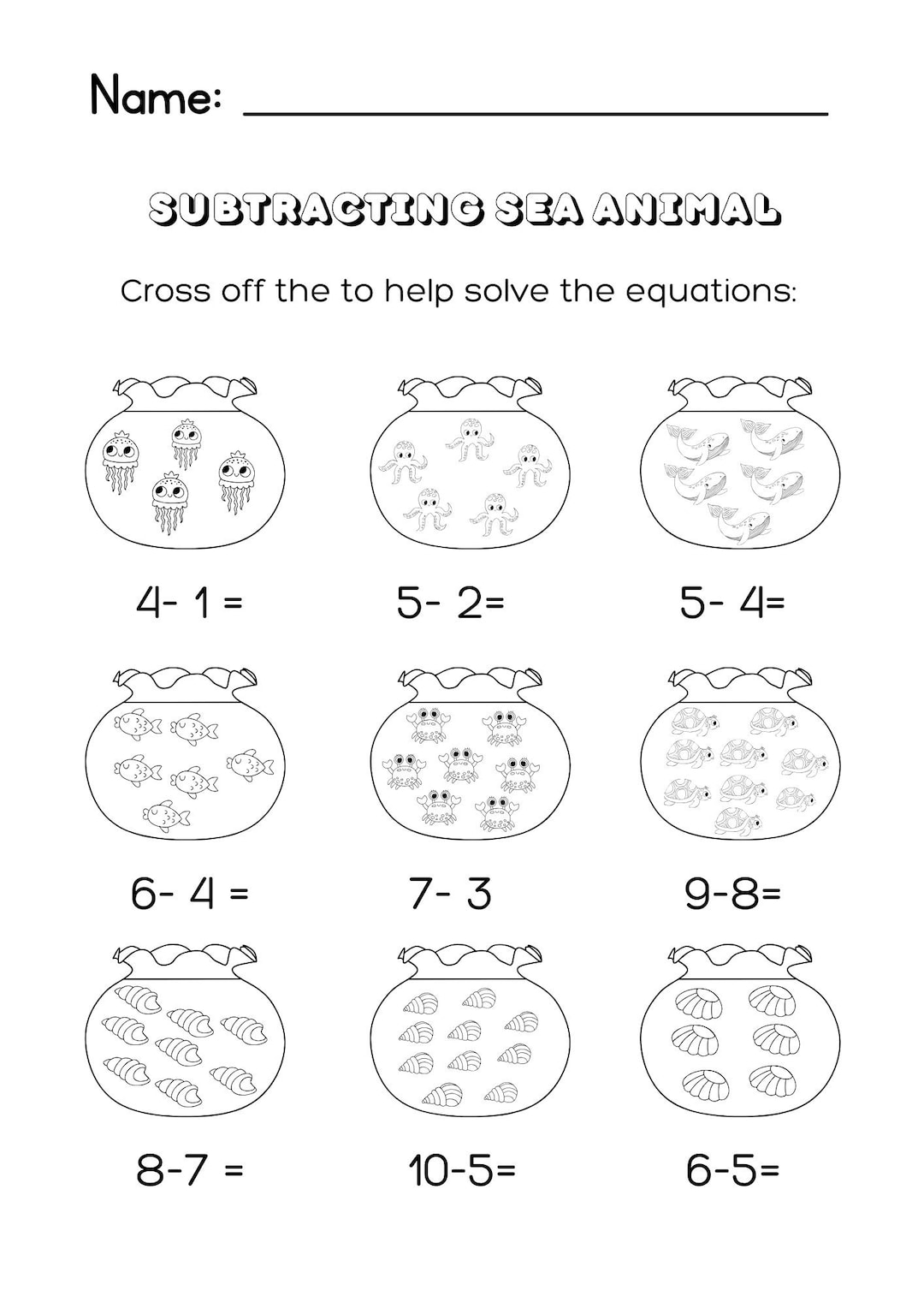 20printable Kindergarten Addition and Subtraction Sea Animal Worksheets ...