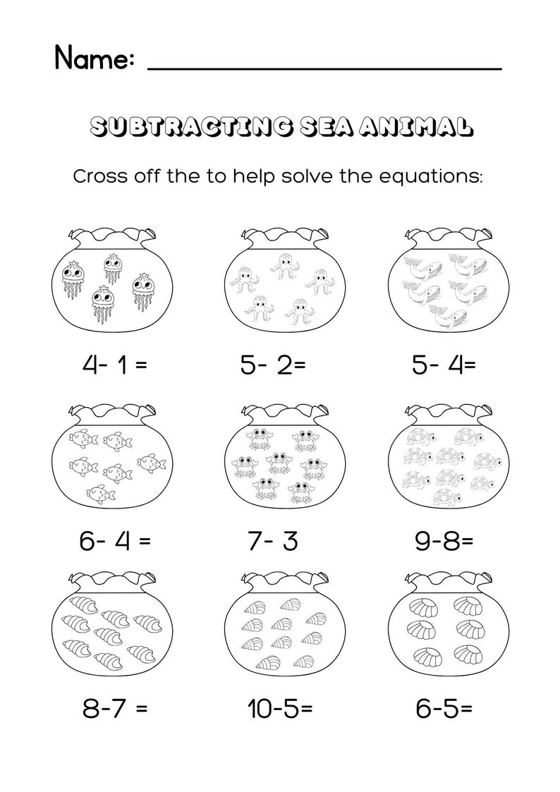 20printable Kindergarten Addition and Subtraction Sea Animal Worksheets ...