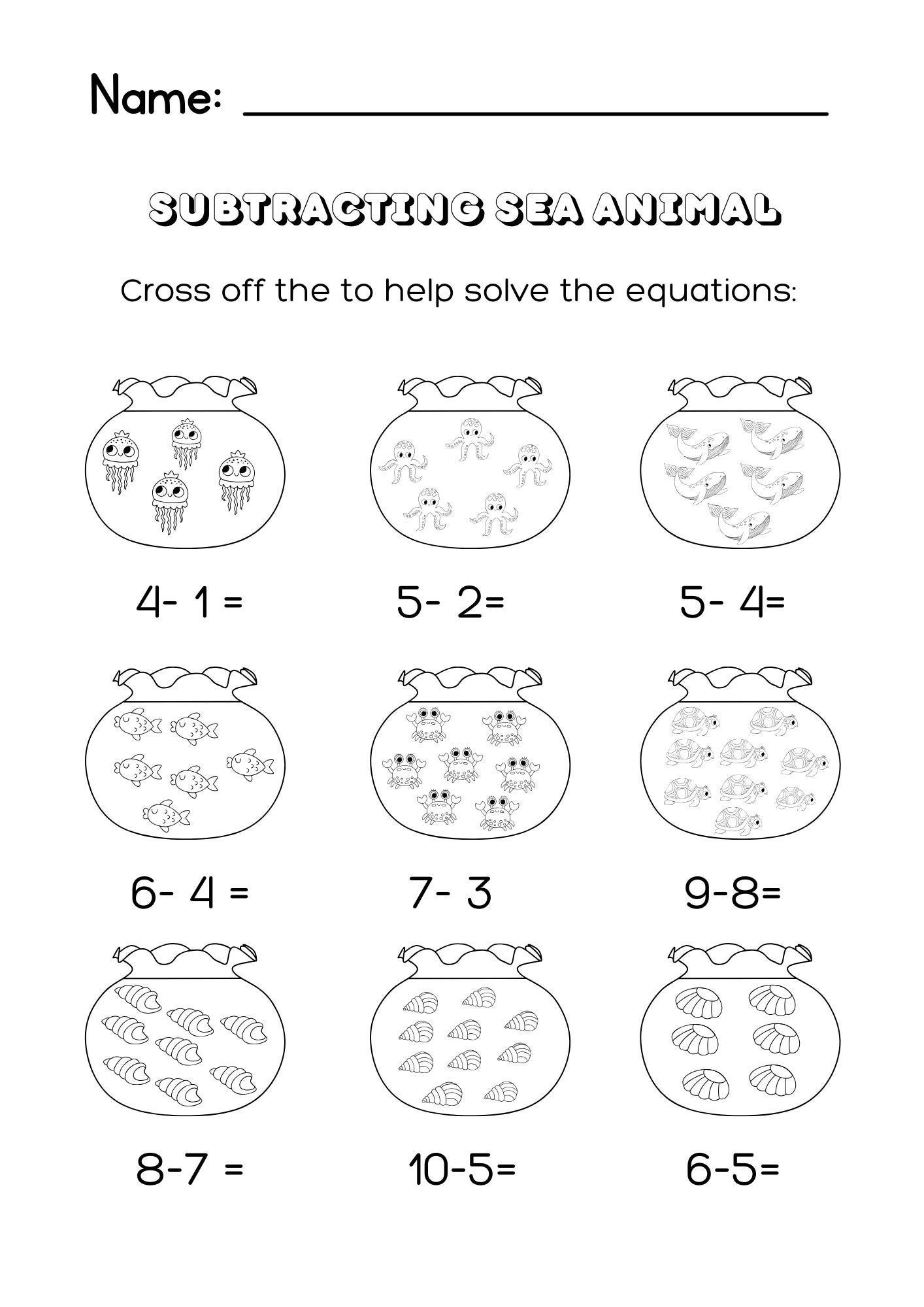 20printable Kindergarten Addition and Subtraction Sea Animal Worksheets ...