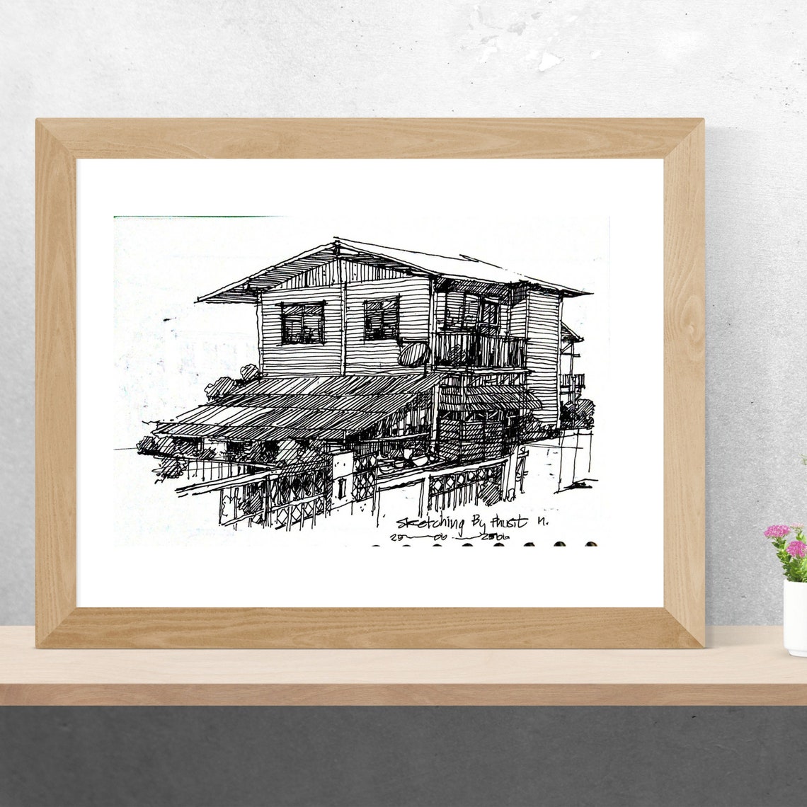 Sketch House Hand Drawn Ink Line Drawings With Buildings Architectural ...