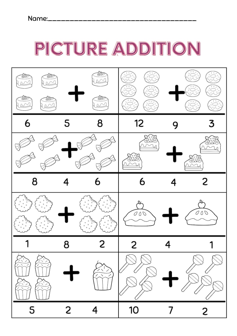 20 Picture Addition & Subtraction Worksheets: Preschool Homeschool ...