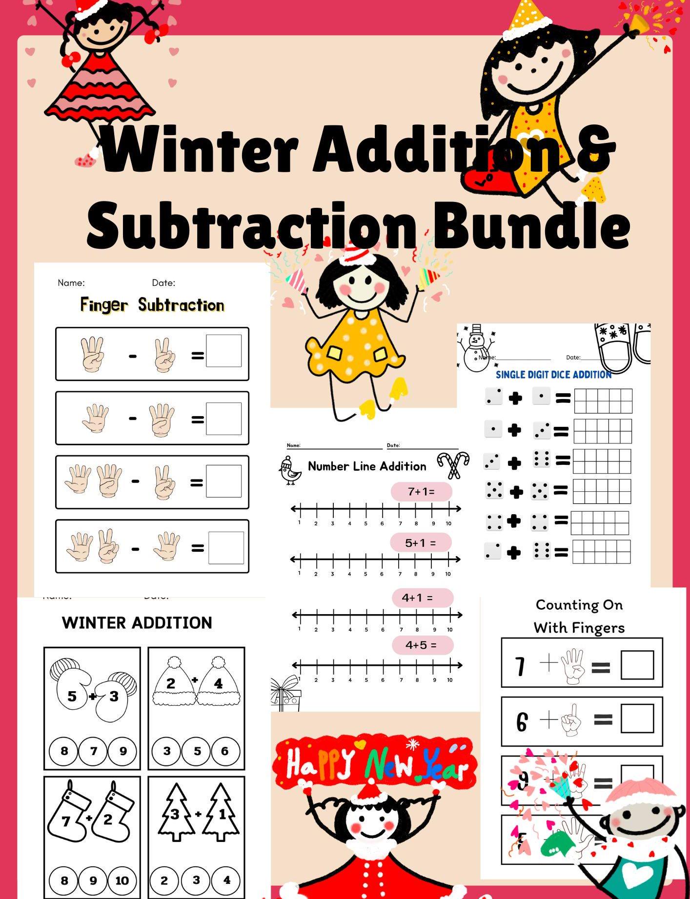 Kindergarten Addition and Subtraction Worksheets: Winter Math (PDF) - Etsy