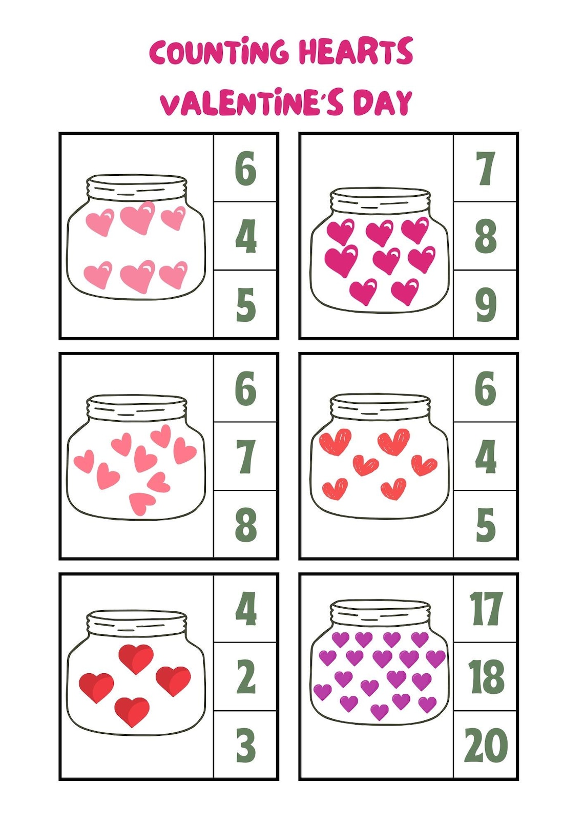 Valentine's Day Heart Counting Math Worksheet PDF Pattern - Etsy