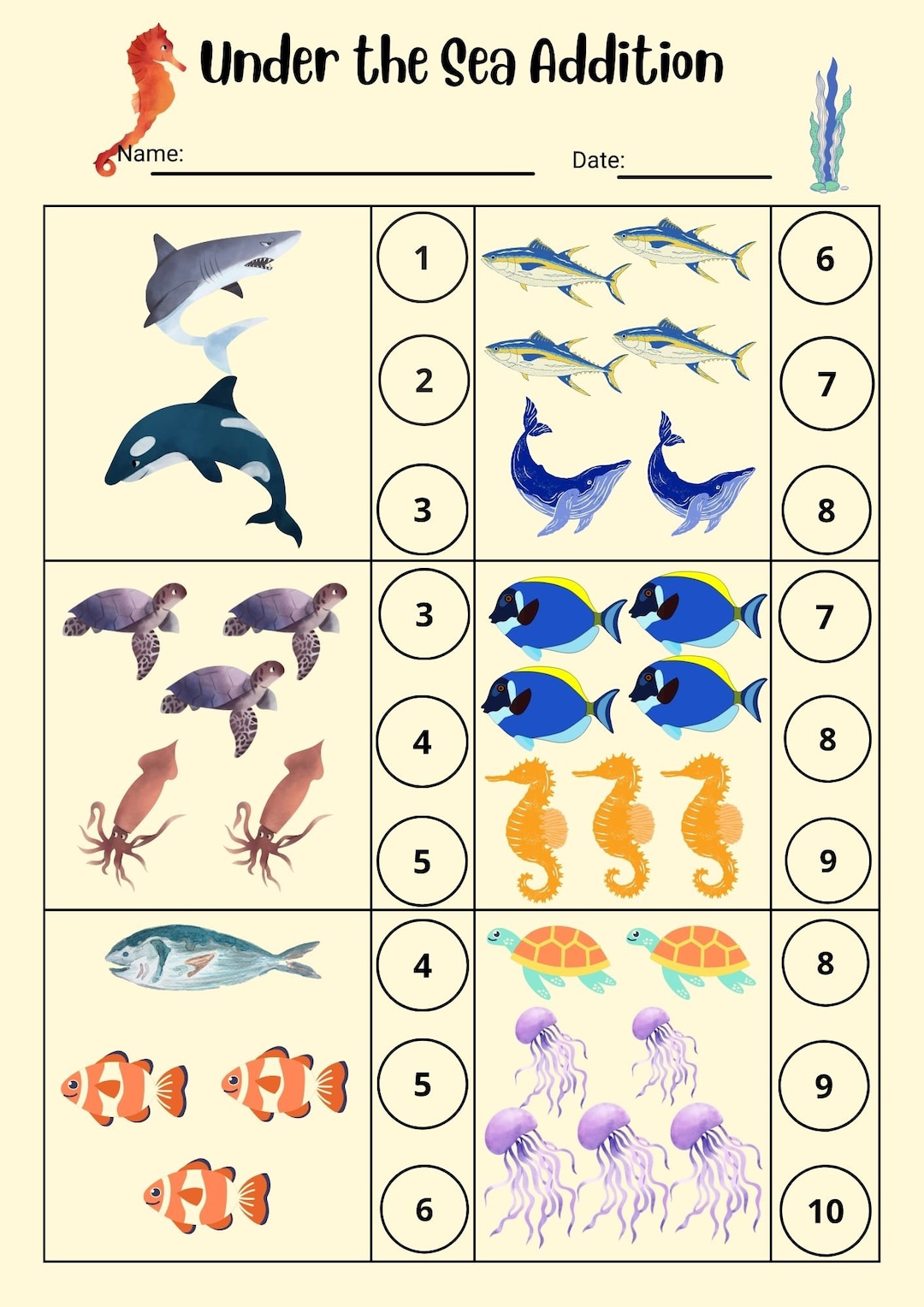 Math Worksheets Single Digit Cute Sea Animals Addition Edition ,animal ...