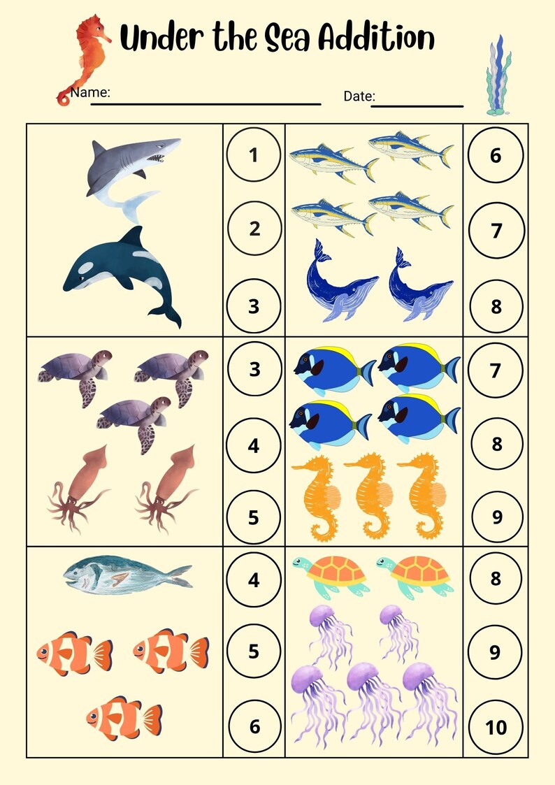 Math Worksheets Single Digit Cute Sea Animals Addition Edition ,animal ...