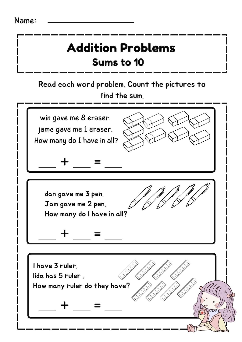 1st-2nd Grade Math Word Problems Worksheet (PDF Printable) - Etsy