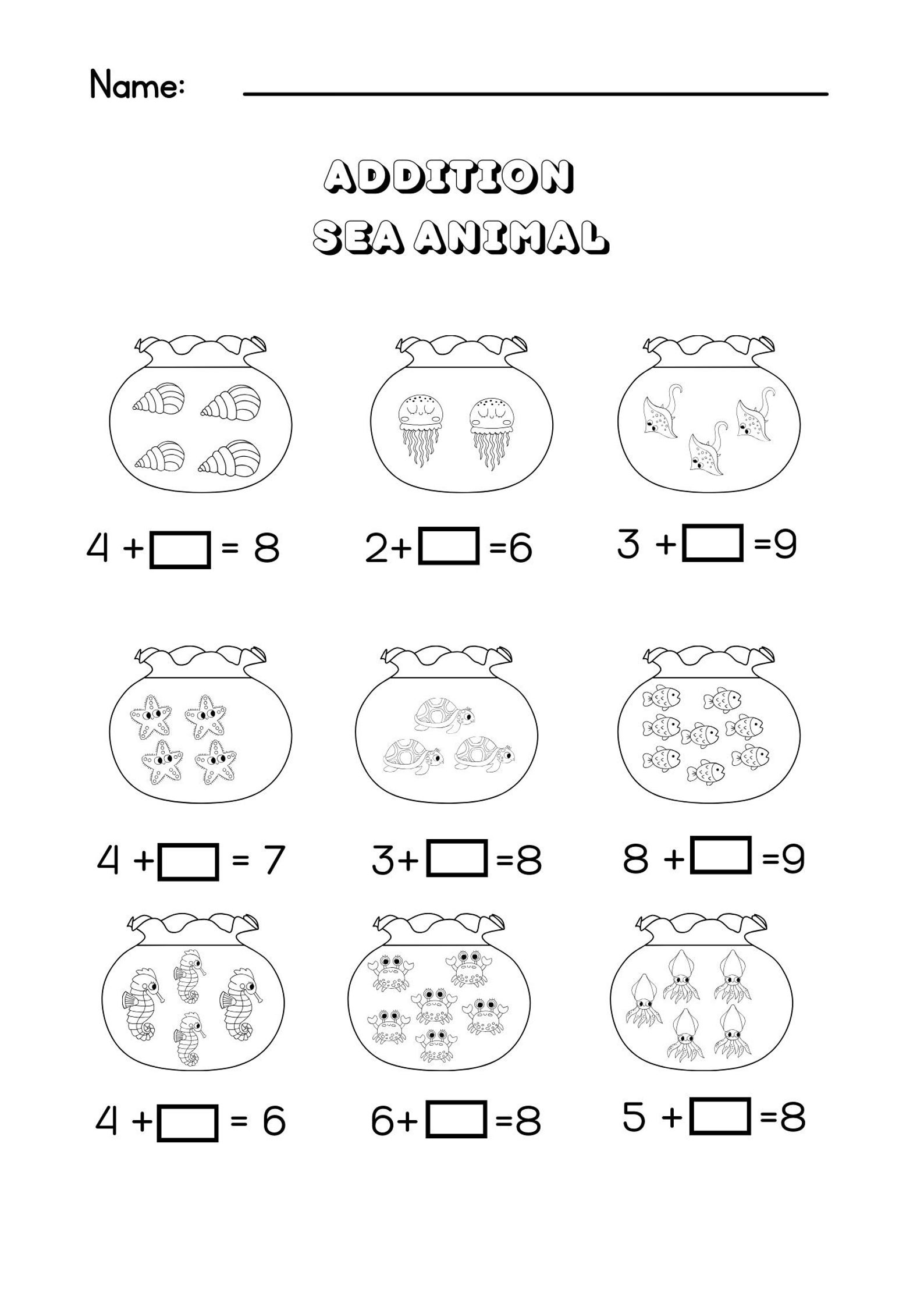 20printable Kindergarten Addition and Subtraction Sea Animal Worksheets ...